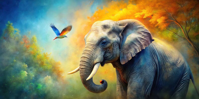Serene Elephant and Vivid Bird in a Dreamlike Forest Setting ...