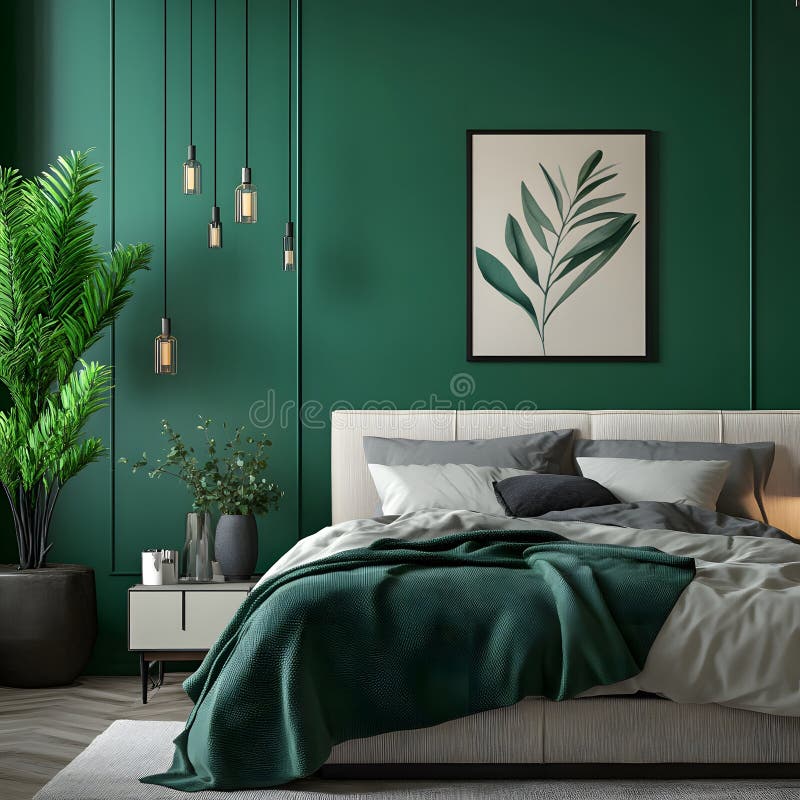 Serene Emerald Green Bedroom 3D Render, Modern Interior Design Stock ...