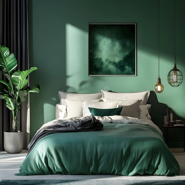 Serene Emerald Green Bedroom 3D Render - Tranquil Interior Design with ...