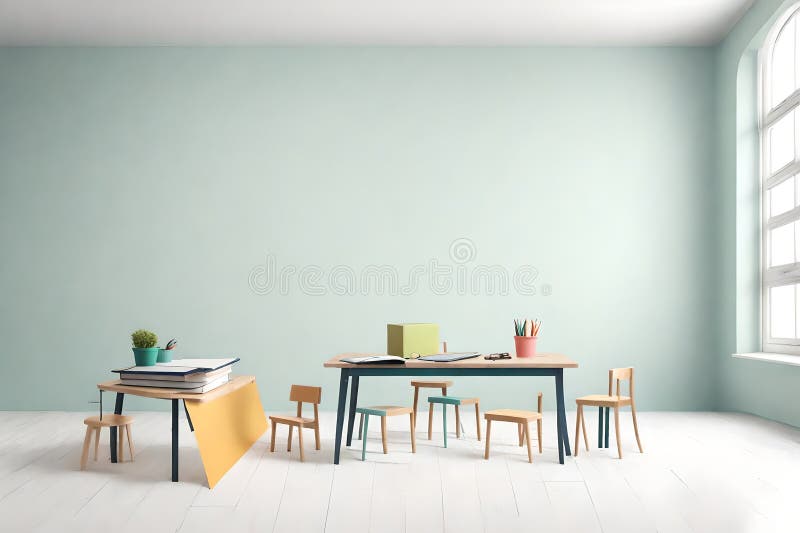 A Serene Empty Classroom with Chair, Desk, and Whiteboard Bathed in ...