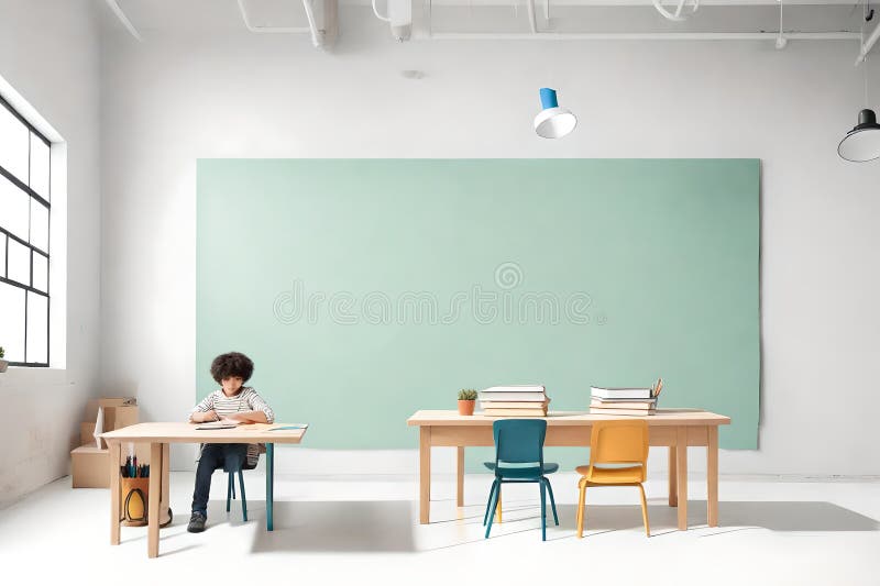 A Serene Empty Classroom with Desks and Chairs Illuminated by Soft ...