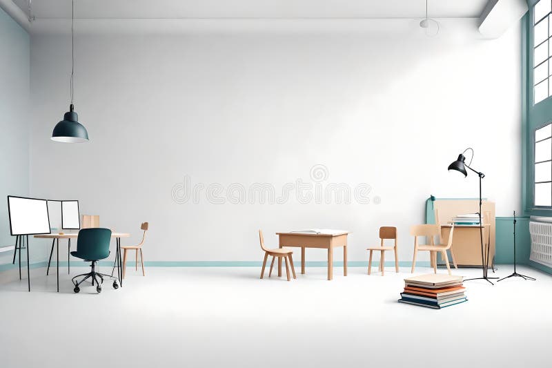 A Serene Empty Classroom with Desks and Chairs Illuminated by Soft ...