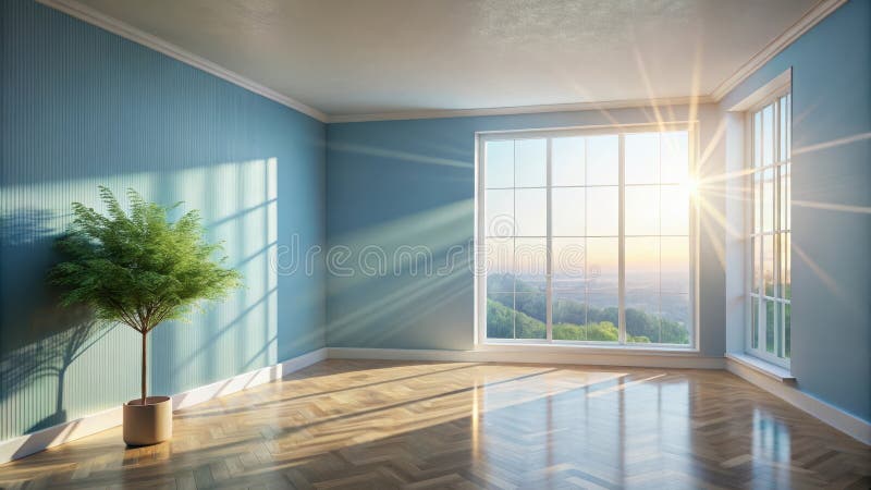 Serene Empty Room with Panoramic View and Sunlight Streaming through ...