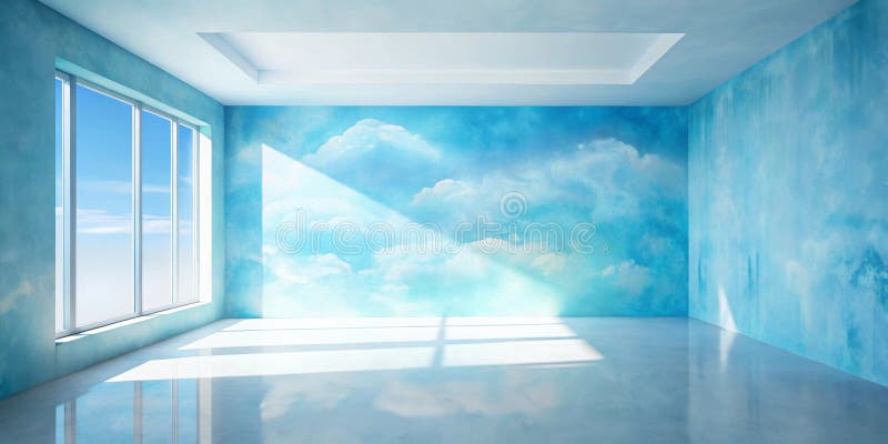 Serene Empty Room with Sky Mural and Sunlight Streaming through Window ...