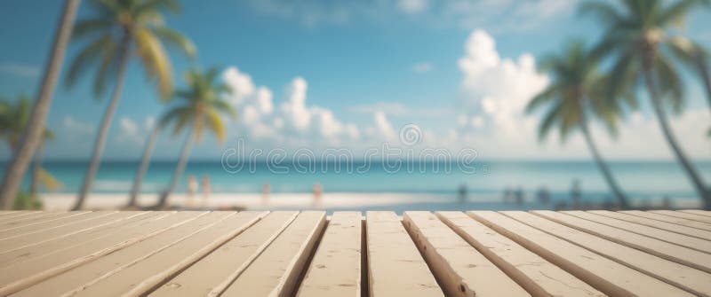 Serene Empty Wooden Deck Overlooking Blurred Tropical Beach and Clear ...