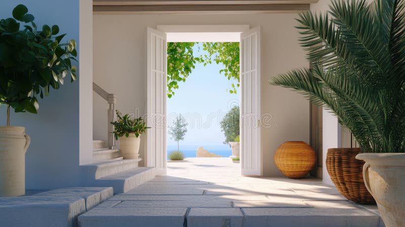 Serene Entrance with Open Doors, View of Sea and Greenery, Bright ...