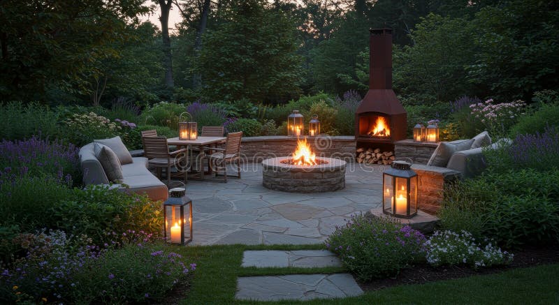 Serene Evening Backyard Fire Pit a Tranquil Outdoor Scene Featuring a ...