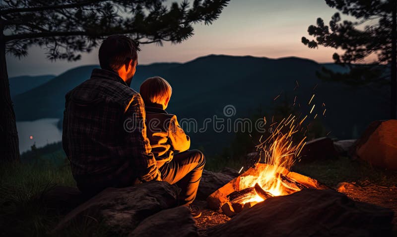 A Serene Evening by the Campfire with a Father and Son Stock ...