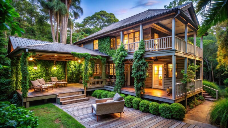 Serene Evening at a Luxurious Two-story House with Expansive Decks and ...