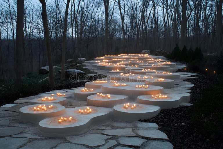 Serene Evening Pathway with Candlelit Stone Steps in Tranquil Forest ...