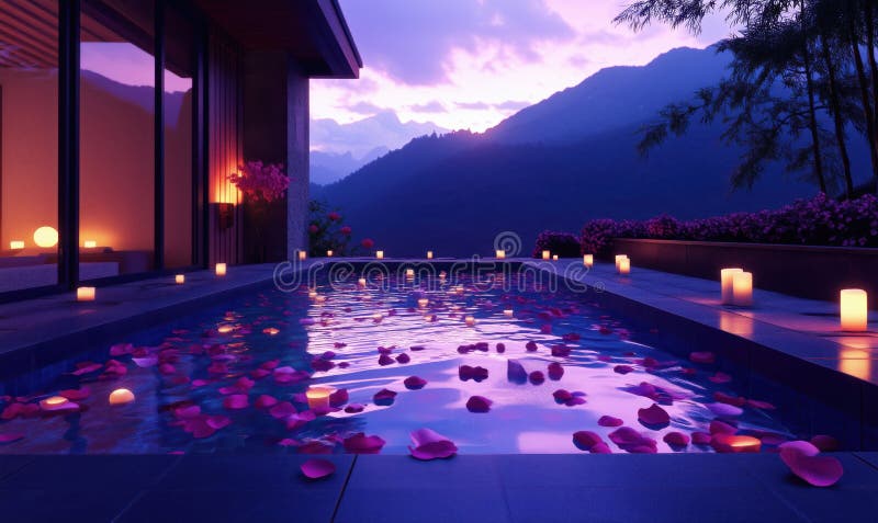 Serene Evening Pool Scene with Floating Rose Petals and Mountain ...