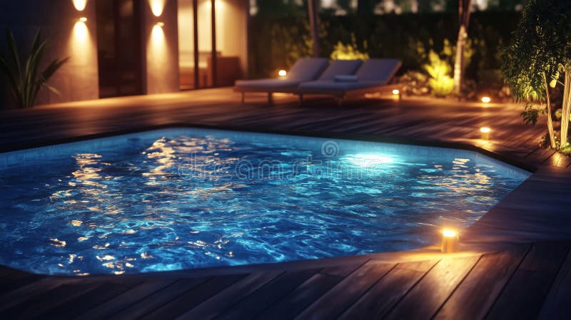 Serene Evening Poolside Scene Illuminated Water Lounge Chairs Stock ...