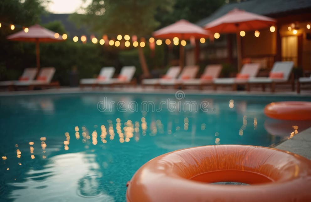 Serene Evening Poolside Setting. Orange Inflatable Rings Float on Water Surface Stock ...