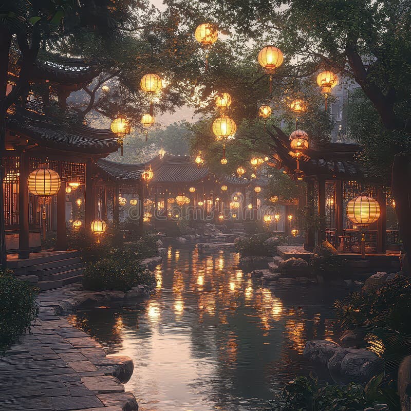 Serene Evening Scene with Lanterns by a Tranquil Waterway Stock Image ...