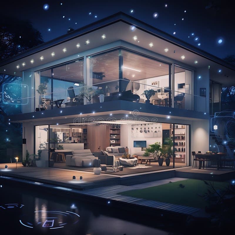 A Serene Evening Setting in a Smart Home with Integrated Technology and Soft Neon Lighting Stock ...