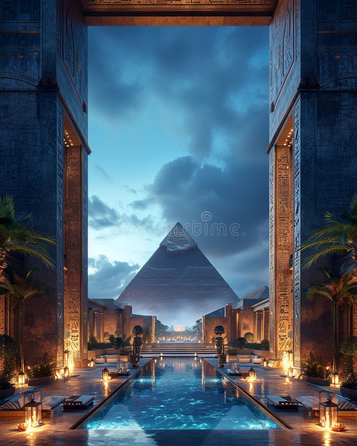 A Serene Evening View of a Pyramid through an Ancient Egyptian Gateway ...