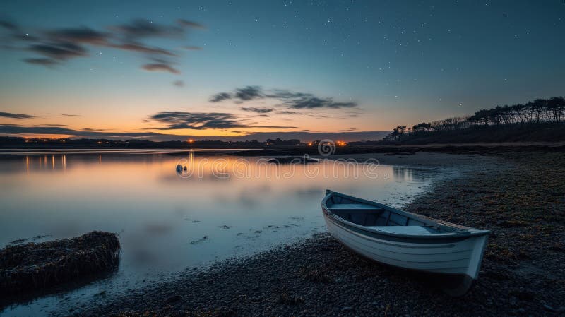 Serene Evening by the Water with a Small Boat and Calm Reflections in ...