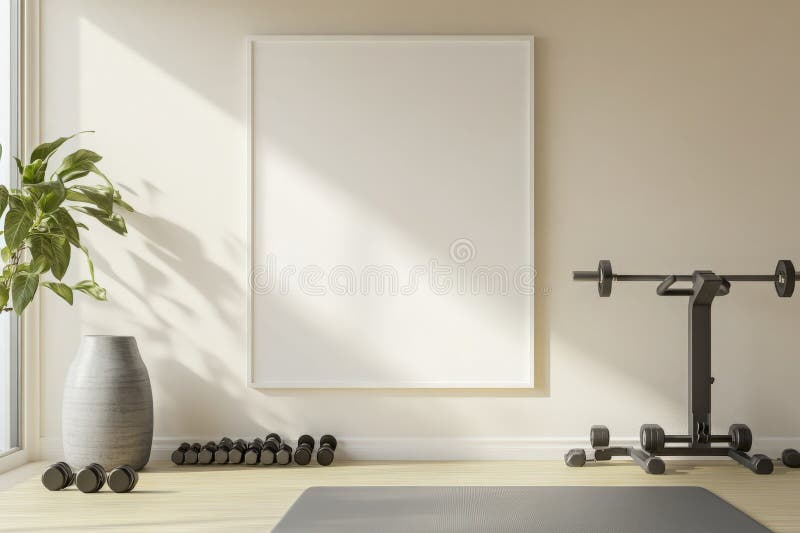 A Spacious Exercise Room Featuring an Empty Square White Frame on a ...