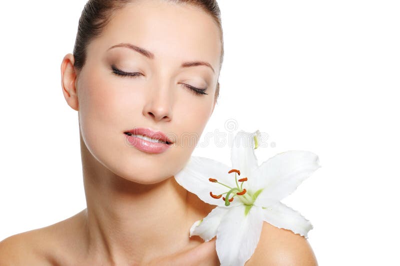 Serene Face of a Beauty Fresh Woman with Flower Stock Image - Image of ...