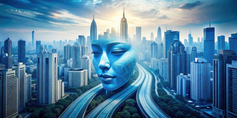 Serene Face Emerging from a Modern Metropolis Skyline, a Vision of ...