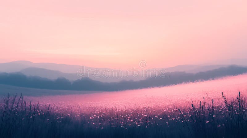 Serene Farm Field at Dawn, Showcasing Pastel Colors and Gentle Hills ...
