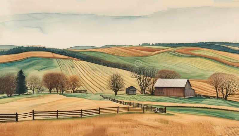 Serene Farm Landscape with Rolling Hills and Barn Stock Image - Image ...