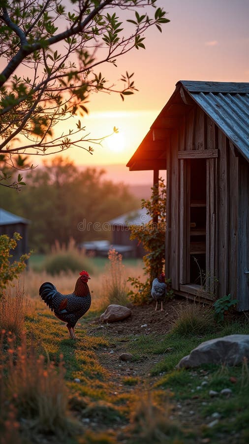 Serene Farm Sunset with Rooster and Chickens by Rustic Wooden Shed ...