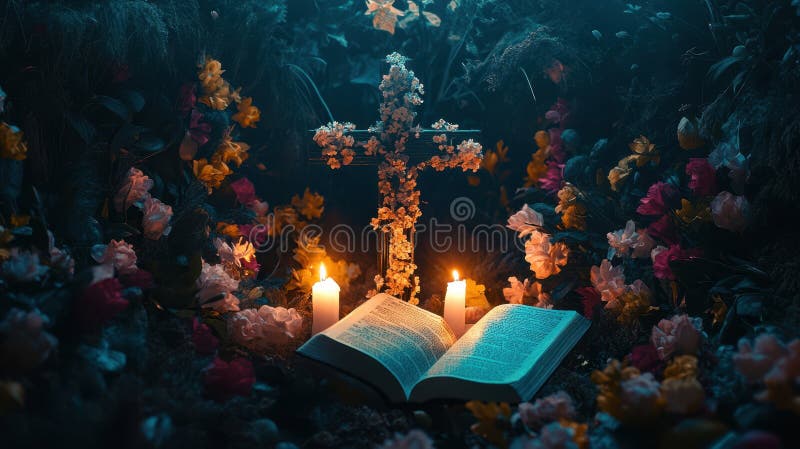 A Serene Field Featuring a Cross, an Open Book, and Candles ...
