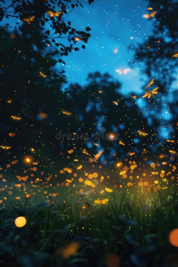 A Serene Field Illuminated by Glowing Fireflies. Perfect for Nature ...
