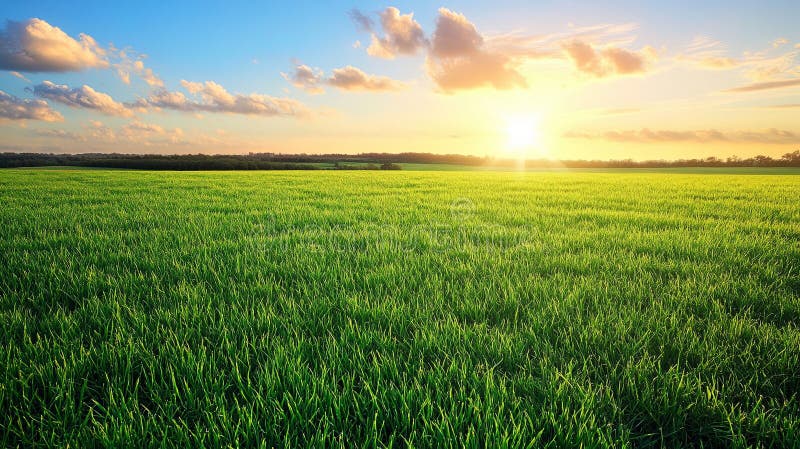A Serene Field at Sunset with Soft Golden Light Falling Over the Grass ...