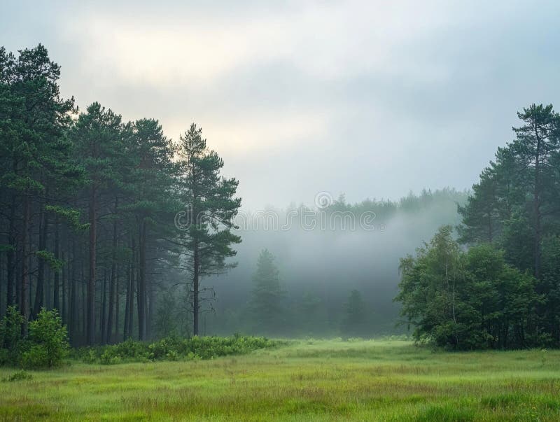Serene Field with Tall Trees Surrounded by Enveloping Fog Creating a ...