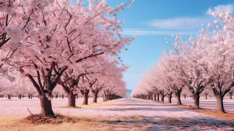 Serene Field with Vibrant Cherry Blossom Trees Stock Illustration ...