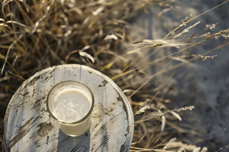 Serene Field View Glass of Milk on a Table Captured in a Calming Top ...