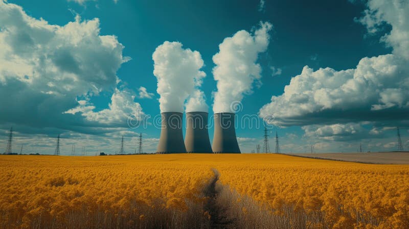 A Serene Field with Yellow Grass and Two Cooling Towers in the ...