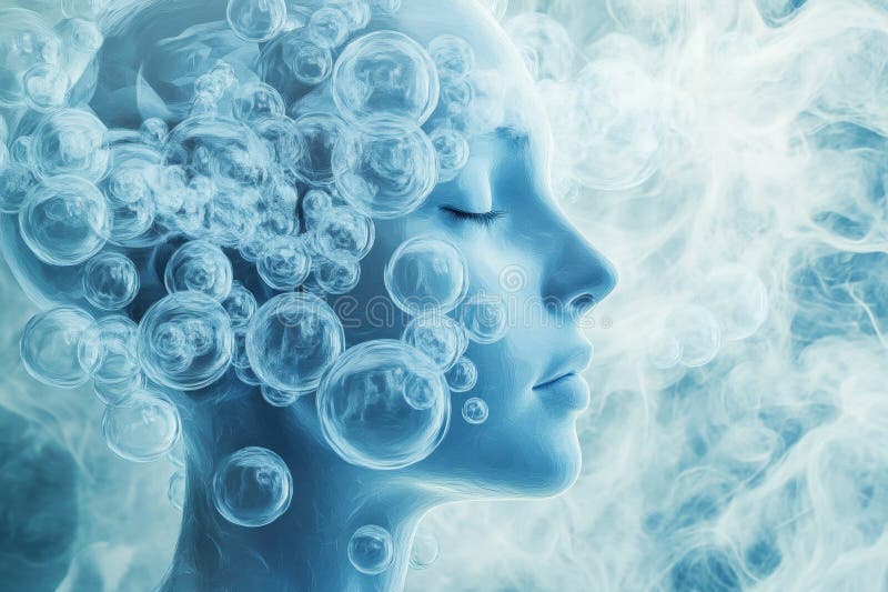 Ethereal Figure with Bubbles Emerging in a Misty Blue Environment Stock ...