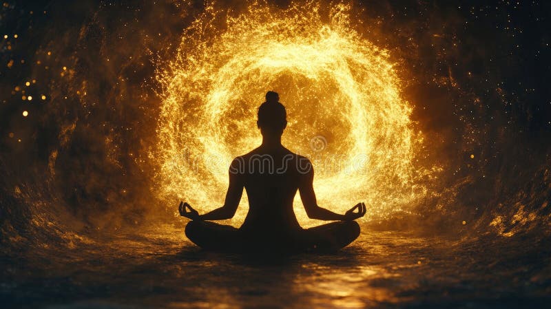 A Serene Figure Meditates in Front of a Glowing Circle of Light ...