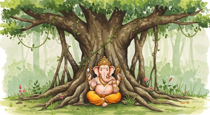 Serene Figure Meditating Under Ancient Banyan Tree in Lush Forest Stock ...
