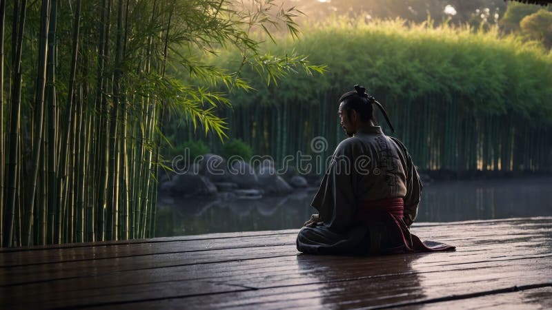 Serene Man Meditating by Bamboo Grove at Dawn Stock Illustration ...