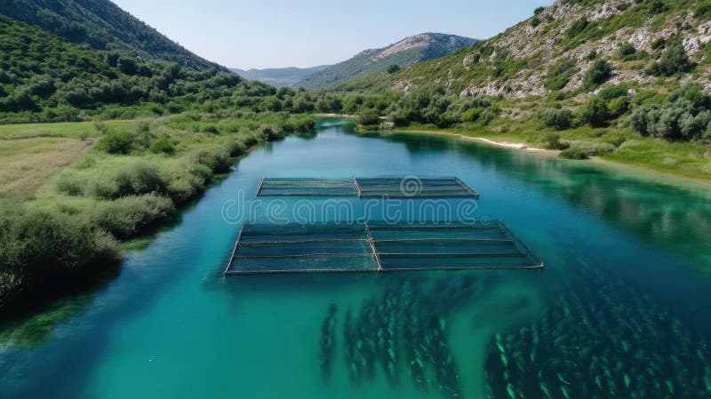 Serene Fish Farm in Beautiful Mountainous River Landscape Stock ...