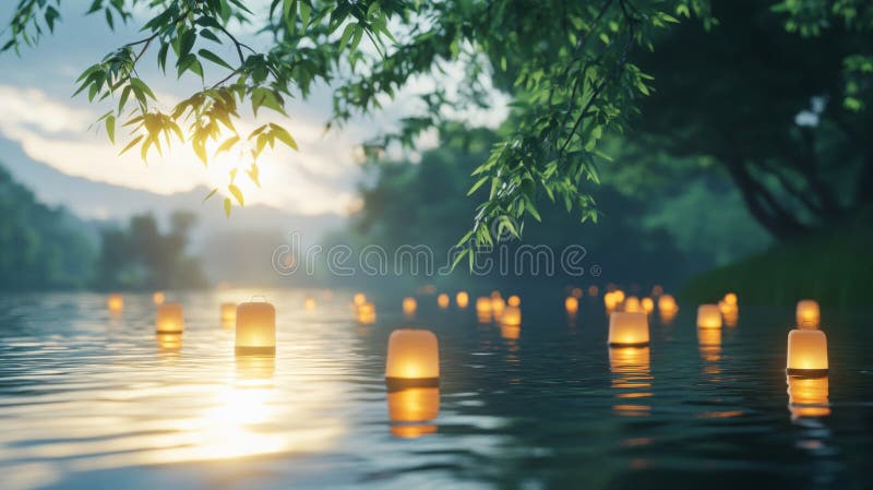 Serene Floating Lanterns Illuminate Calm River Sunset Stock ...