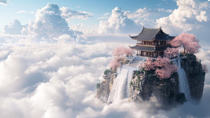 A Serene Floating Temple Surrounded by Pink Blossoms, Perched on a ...