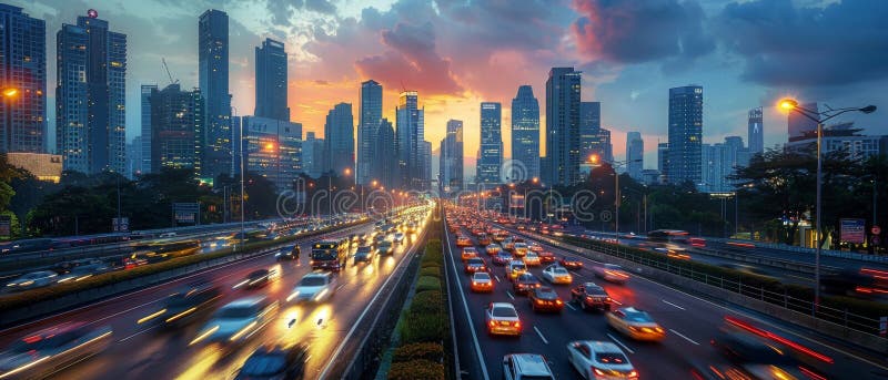 Serene Flow of Traffic among Modern City Skyscrapers on Highway at Dusk ...
