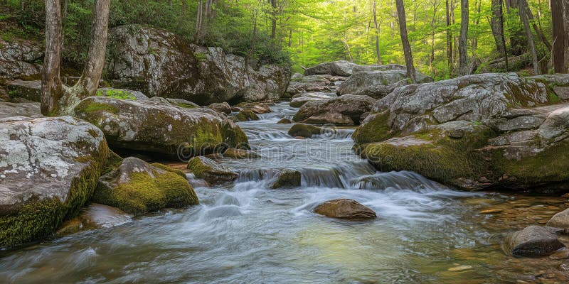 Serene Flowing River Surrounded by Lush Greenery and Moss-covered Rocks ...