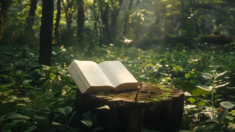 Serene Forest Book Mockup on Tree Stump with Filtered Sunlight Peaceful ...