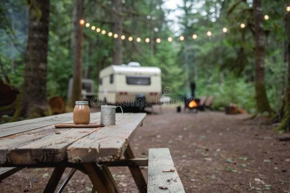 Serene Forest Camping: Rustic Charm with Vintage Camper and Cozy ...