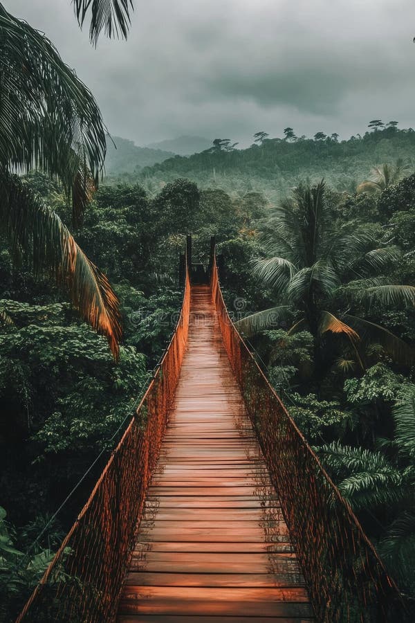 A Serene Forest Canopy Walk on a Hanging Bridge Surrounded by Lush ...