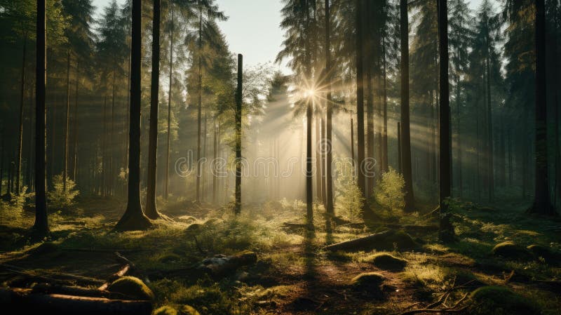 Serene Forest Clearing in an Overhead Shot, with Sunlight Filtering ...