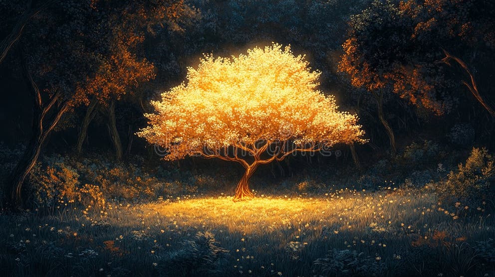 A Serene Forest Clearing with a Single Glowing Tree at Its Center Stock ...