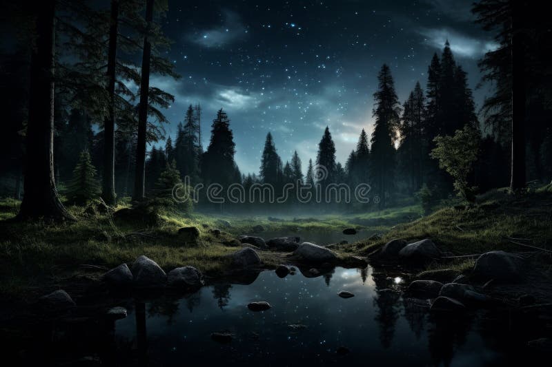 A Serene Forest Clearing Under a Starry Dark Night Stock Illustration ...