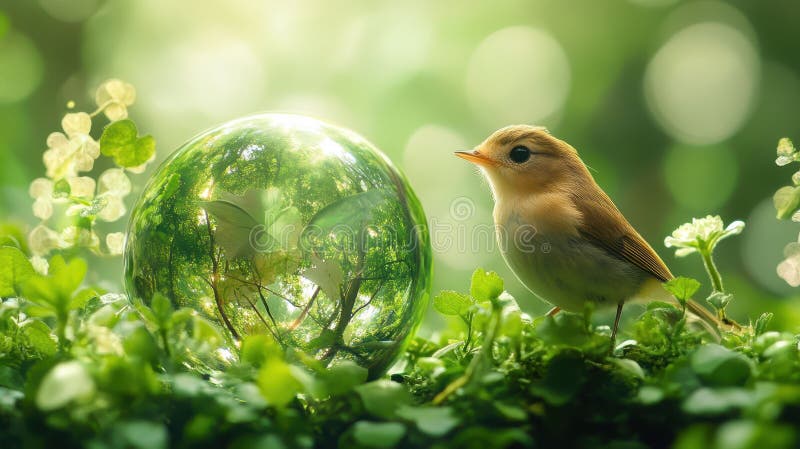Serene Forest Encounter. Bird and Reflective Glass Sphere in Lush ...